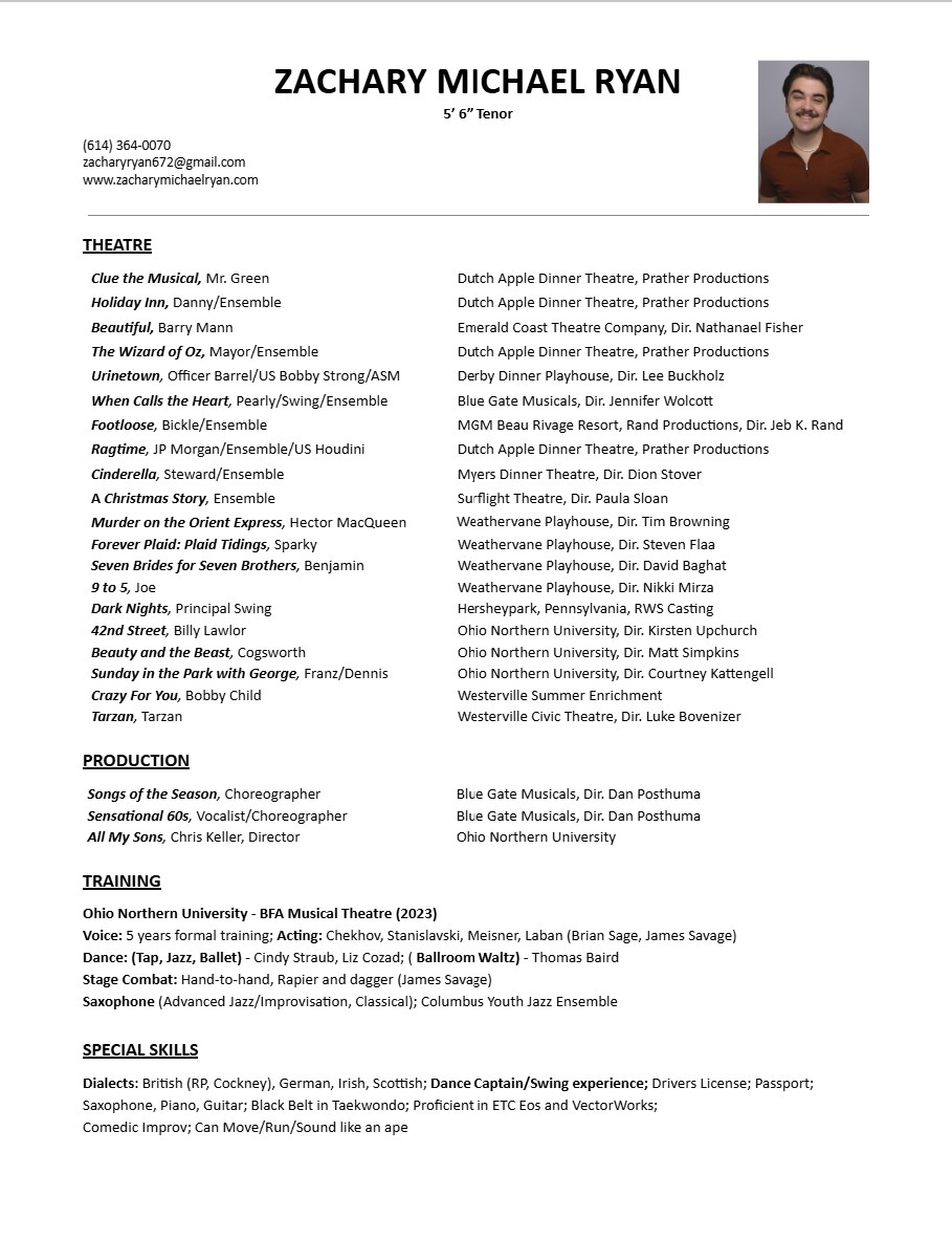 Headshot/Resume – Zachary Michael Ryan